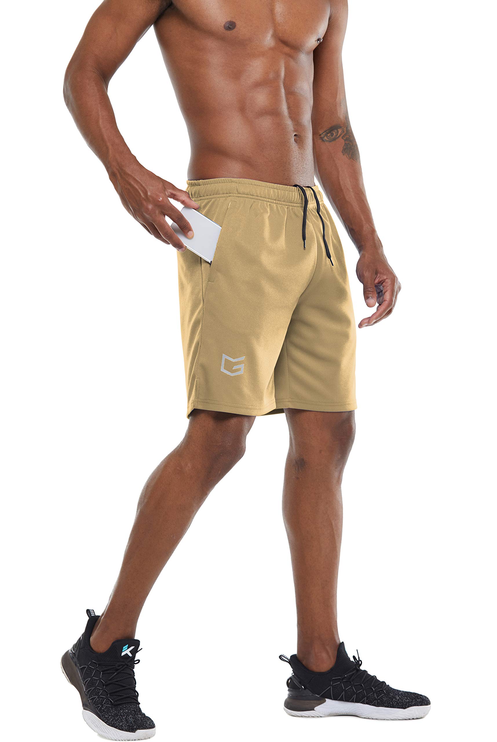 G Gradual Men's 7" Workout Running Shorts Quick Dry Lightweight Gym Shorts with Zip Pockets (Light Khaki Large)