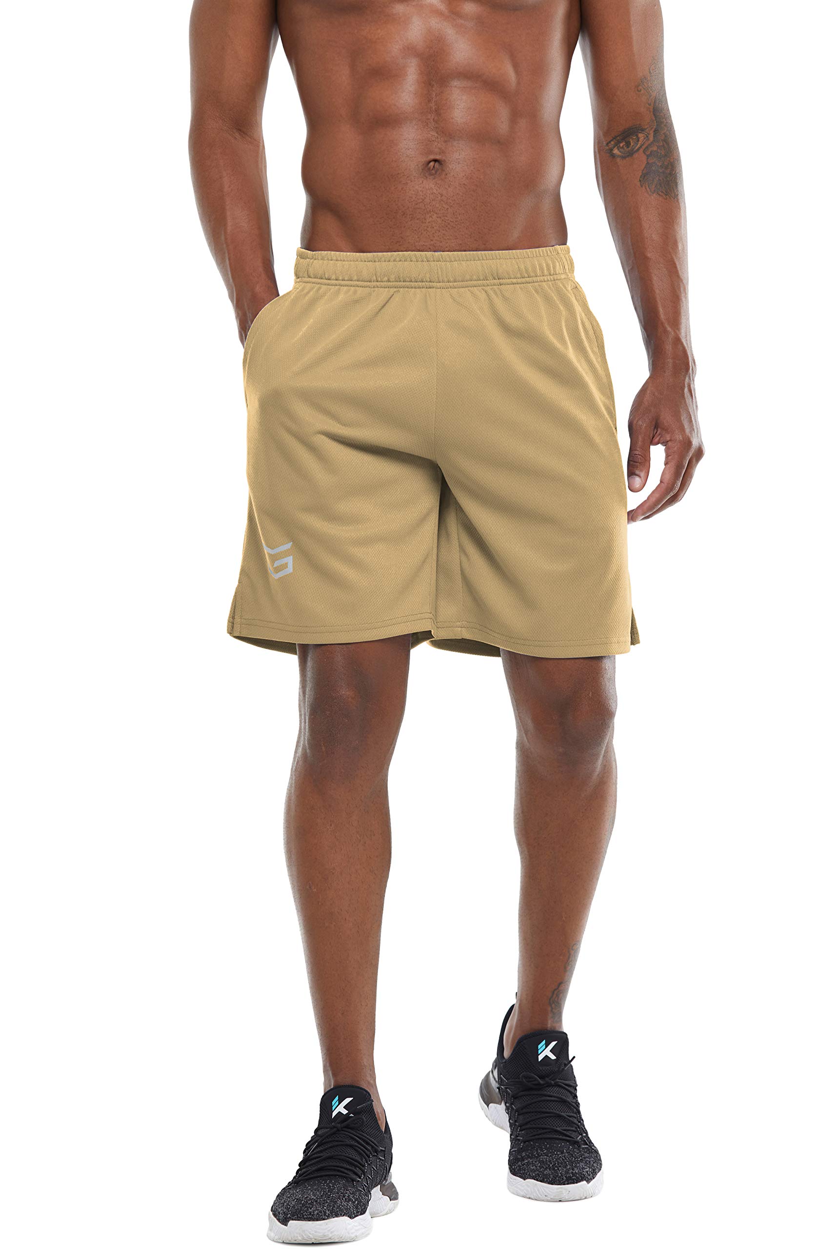 G Gradual Men's 7" Workout Running Shorts Quick Dry Lightweight Gym Shorts with Zip Pockets (Light Khaki Large)