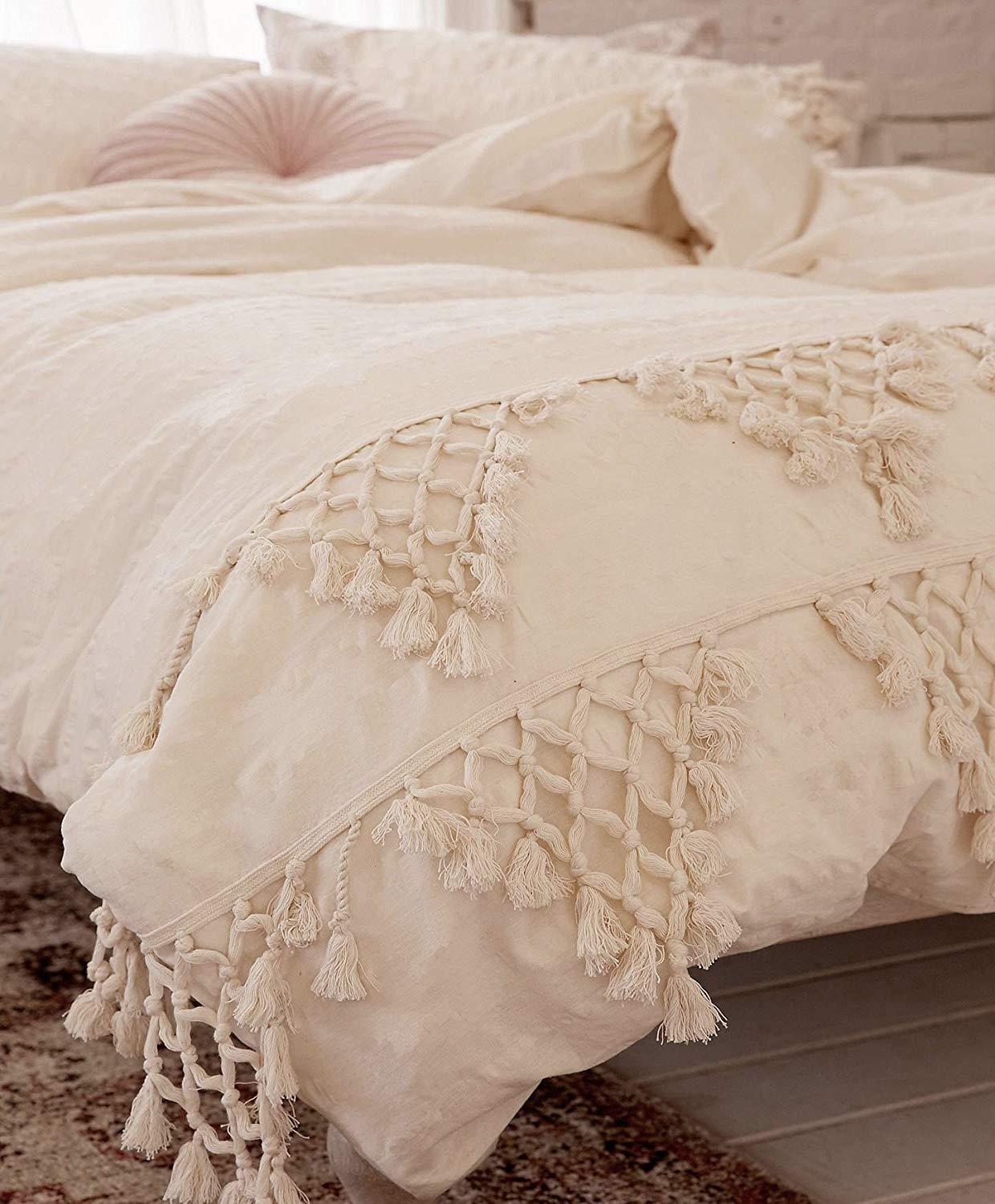 Flber Ivory Duvet Cover Set Queen Boho Bedding Set Cotton Comforer Cover Set.