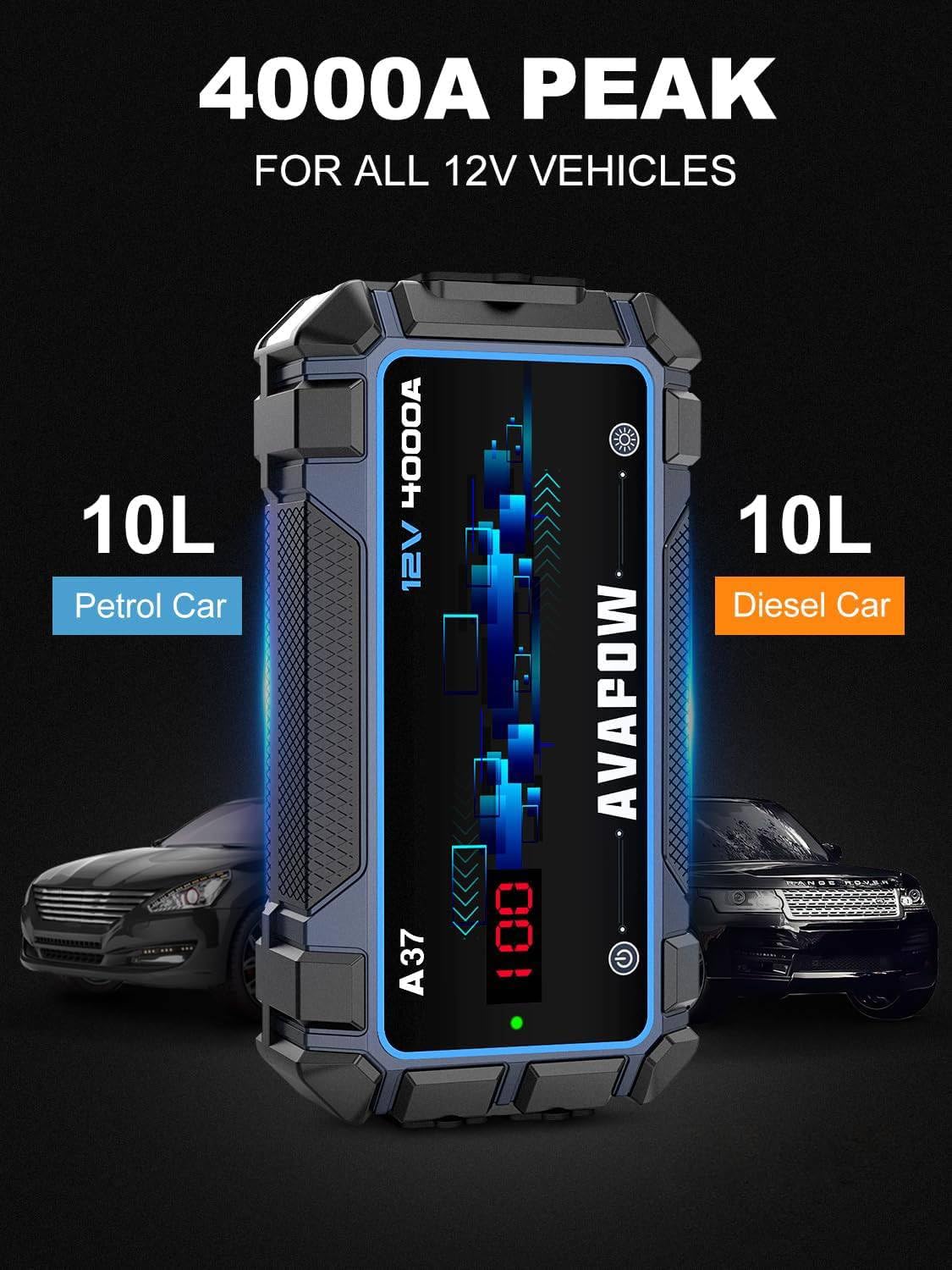 AVAPOW Jump Starter Car Battery 4000A Peak,Portable Jump Starters for Up to 10L Gas 10L Diesel Engine,12V Lithium Jump Pack with Smart Safety Clamp, IP65