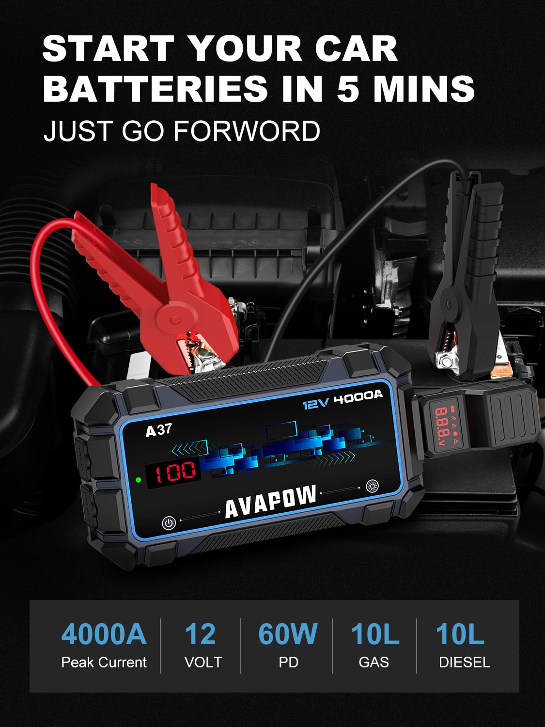 AVAPOW Jump Starter Car Battery 4000A Peak,Portable Jump Starters for Up to 10L Gas 10L Diesel Engine,12V Lithium Jump Pack with Smart Safety Clamp, IP65