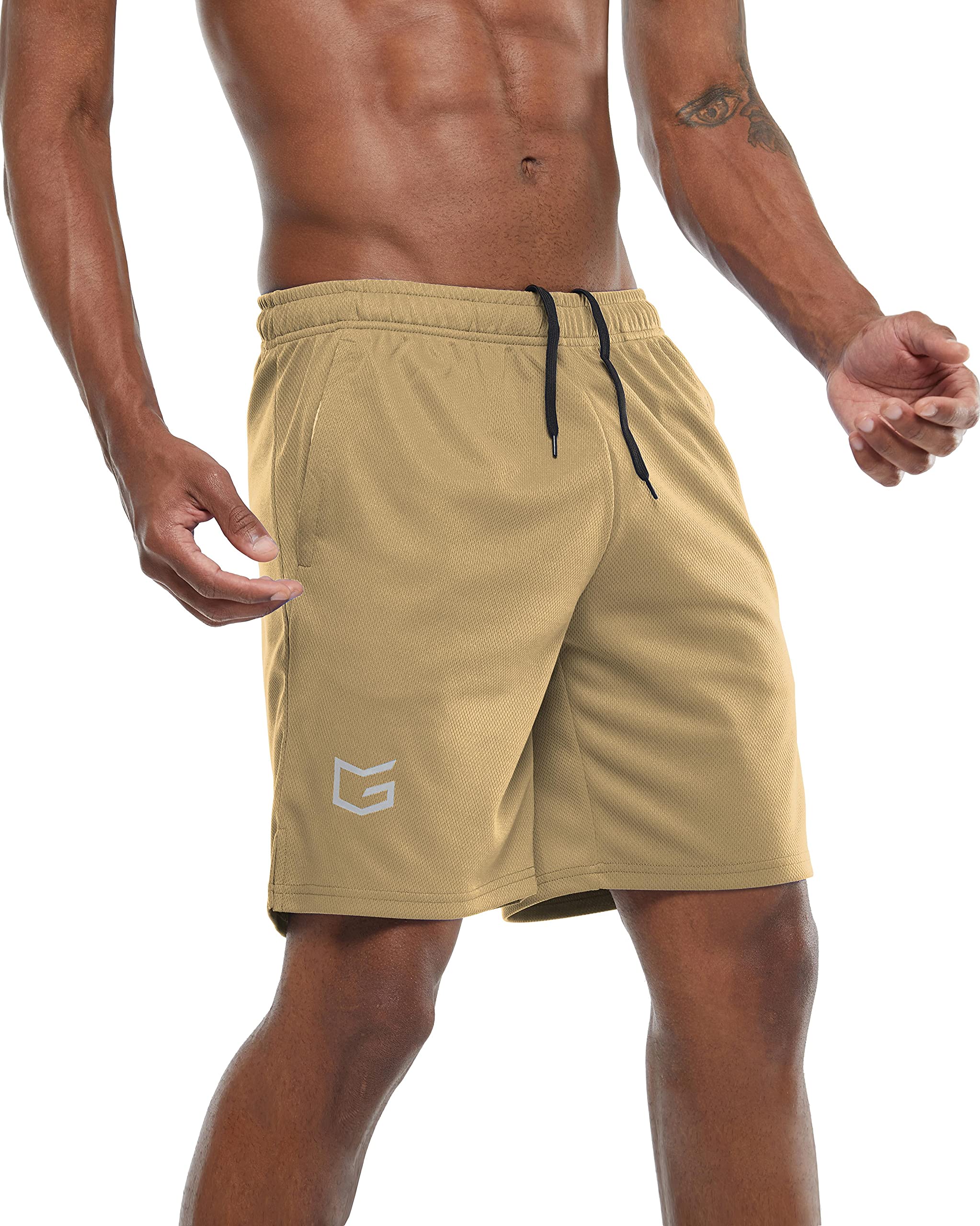 G Gradual Men's 7" Workout Running Shorts Quick Dry Lightweight Gym Shorts with Zip Pockets (Light Khaki Large)