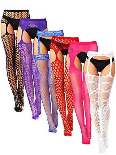 6 Pairs Women Fishnet Thigh High Stockings Garter Belts and Suspender Pantyhose Stockings for Halloween (Classic, Black, White, Rose Red, Purple, Red, Dark Blue, Medium-Large)