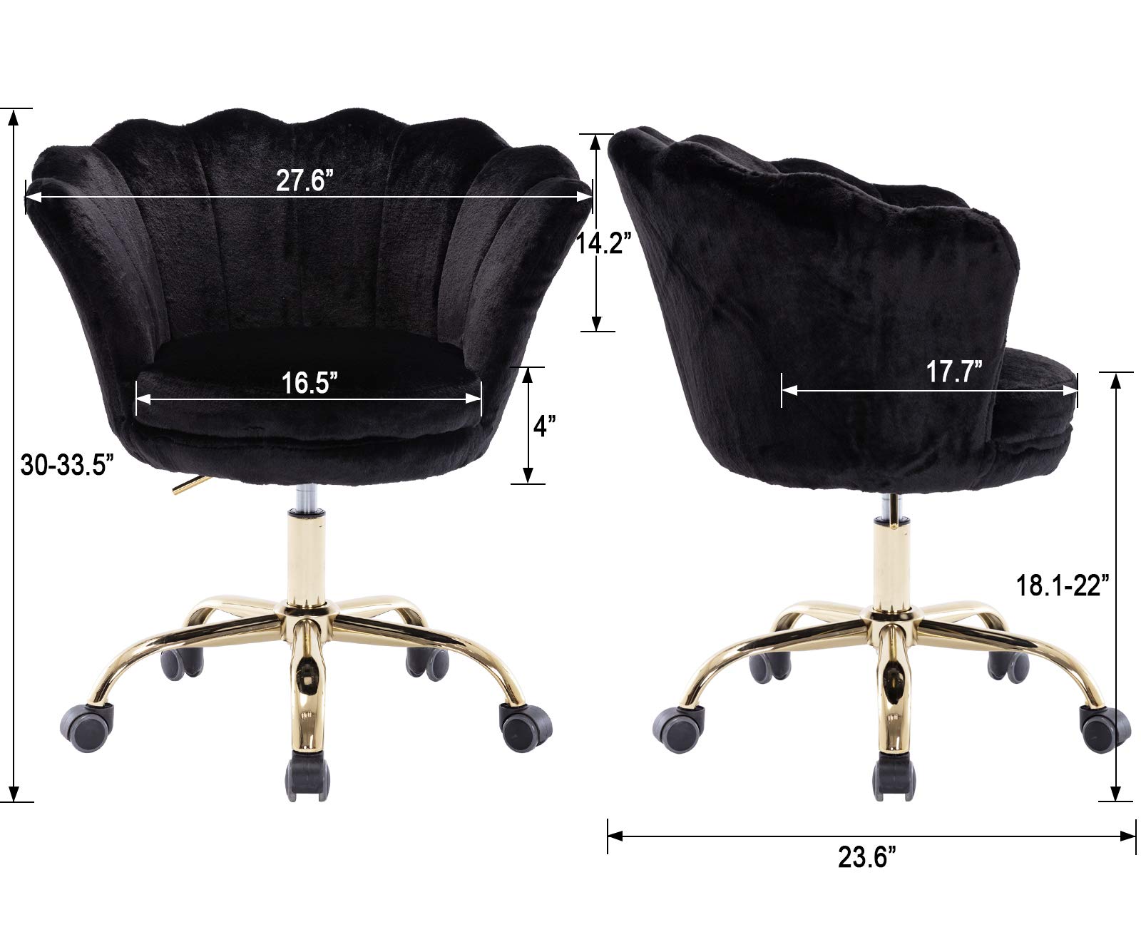 Guyou Faux Fur Home Office Desk Chair Stool Comfy, Swivel Gold Vanity Accent Chair Upholstered Armchair for Living Room/Studio/Make up (Black)