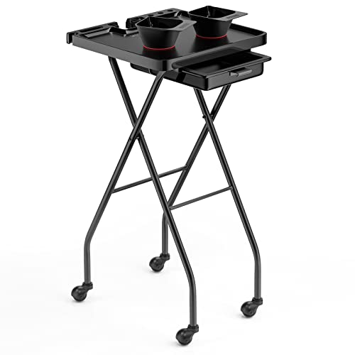 Salon Tray on Wheels Foldable, Tattoo Color Trays for Hairstylist Esthetician Barber, Dental Medical Rolling Tray Cart, Hair Trolley Mobile Organizer with Storage Drawer
