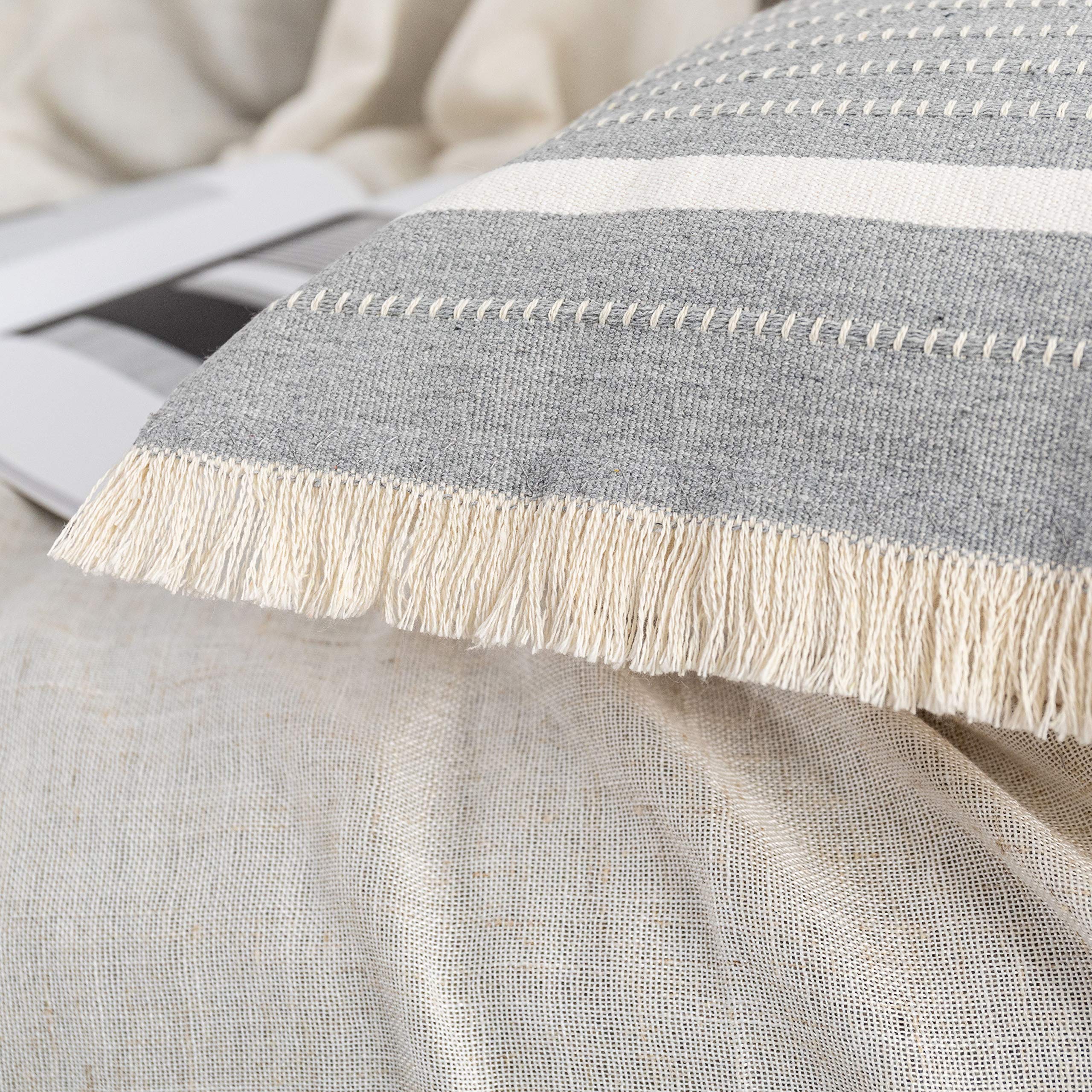 OJIA Modern Throw Pillow Cover with Tassels, Decorative Liana Fringe Accent Cushion Case, Farmhouse Woven Pillowcase for Sofa Chair Couch Bed Decor (Lumbar 12 x 20 Inches, Grey)