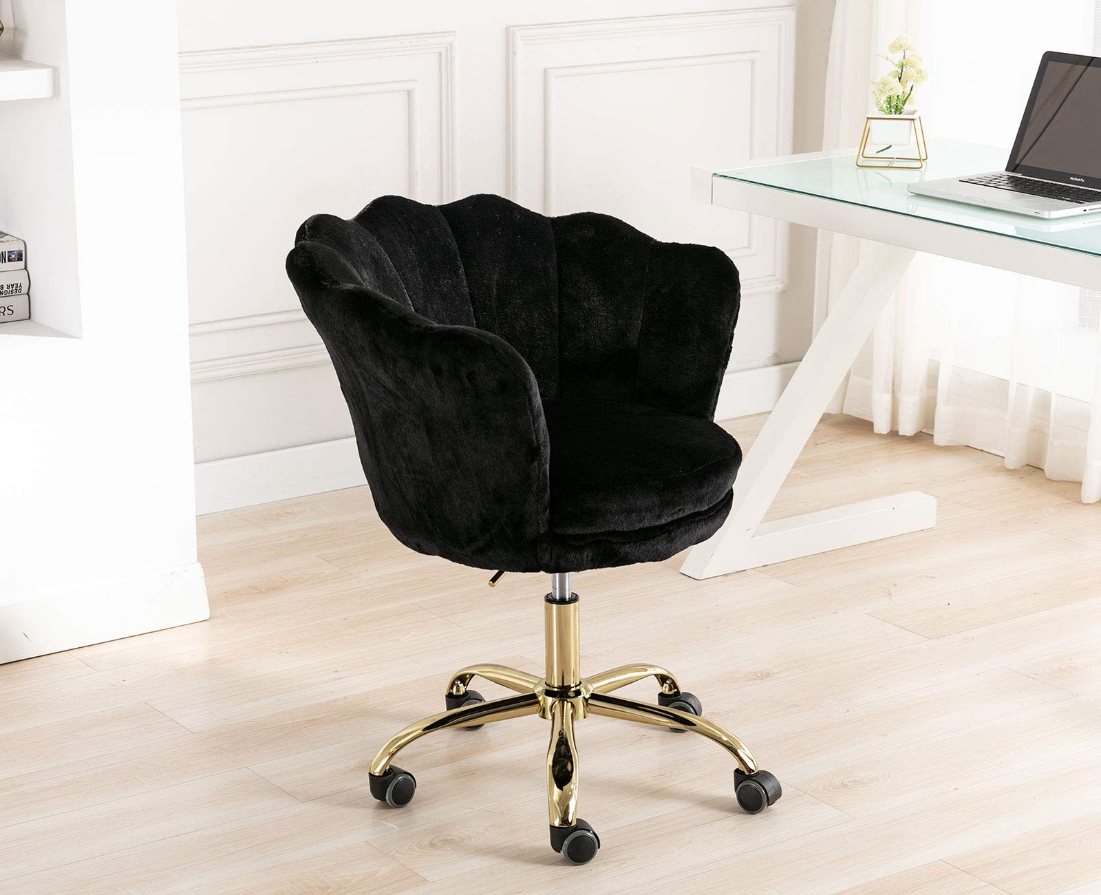 Guyou Faux Fur Home Office Desk Chair Stool Comfy, Swivel Gold Vanity Accent Chair Upholstered Armchair for Living Room/Studio/Make up (Black)