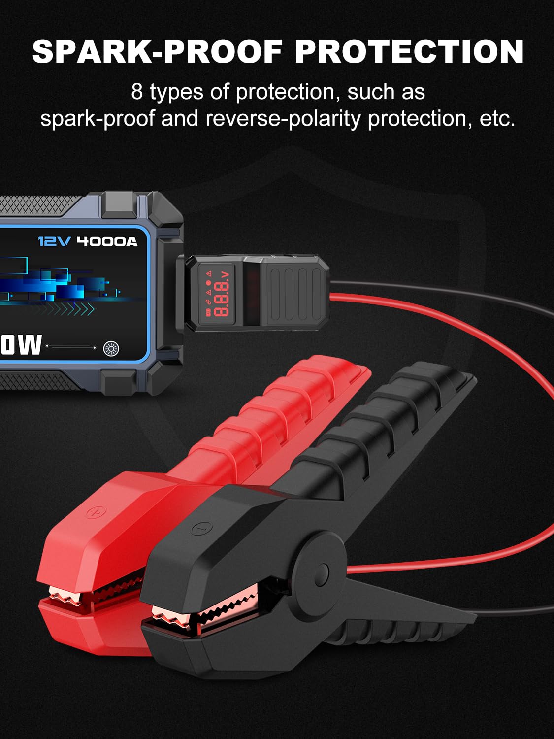 AVAPOW Jump Starter Car Battery 4000A Peak,Portable Jump Starters for Up to 10L Gas 10L Diesel Engine,12V Lithium Jump Pack with Smart Safety Clamp, IP65
