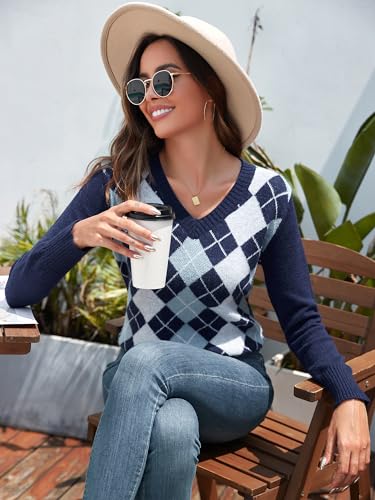 ZAFUL Women's Argyle Sweater V-Neck Cropped Sweater Long-Sleeve Plaid Sweater Pullover Jumper Knit Top (1-Cobalt Blue,S)