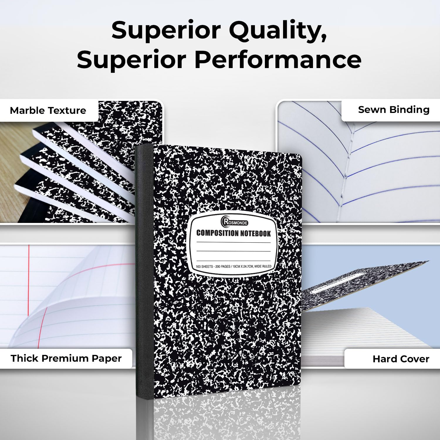 Rosmonde Composition Notebook Wide Ruled 5 Pack, 200 Pages (100 Sheets), 9-3/4 x 7-1/2, Back to School Supplies, Notebooks for School, Office Supplies, Notebooks for Work, The Notebook for Note Taking