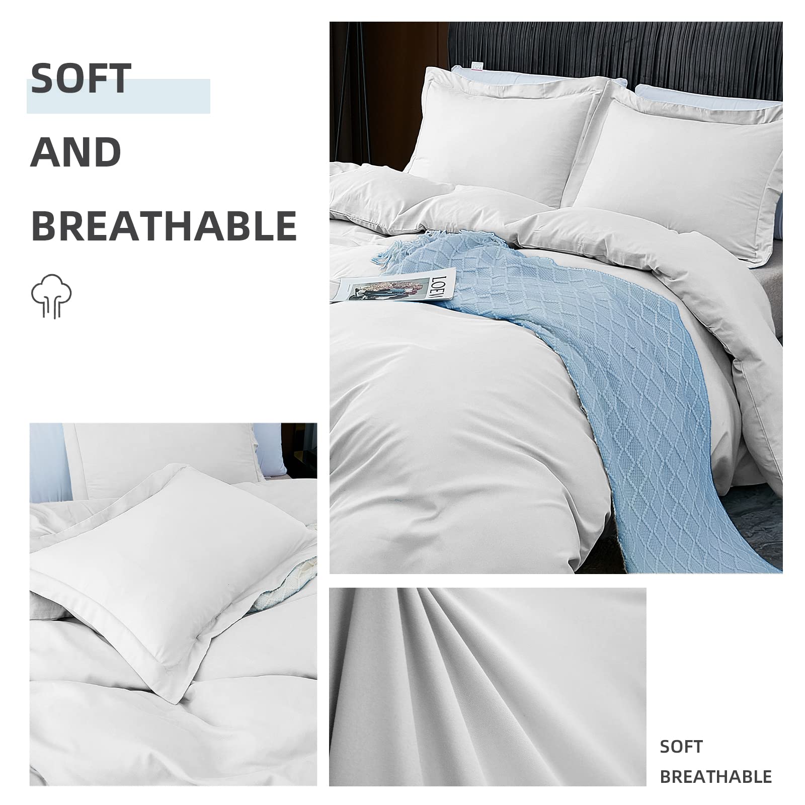 BBANGD Duvet Covers Queen Size - Ultra Soft and Breathable Bedding Comforter Cover Set Washed Microfiber 3 Pieces with Zipper Closure Duvet Cover and 2 Pillow Shams (White)