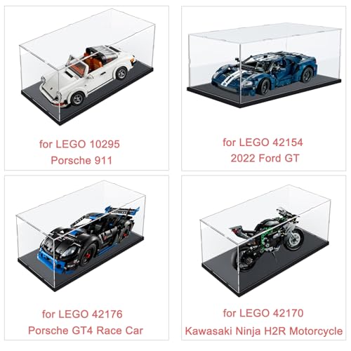 Thickened Clear Acrylic Display Case for Lego 42154 10295 42176 42170 75376 10317 Collectibles, Transparent Box Dustproof Protection with Wood-Plastic Base & String Light, Black Inside 15.7x7.9x7.9in