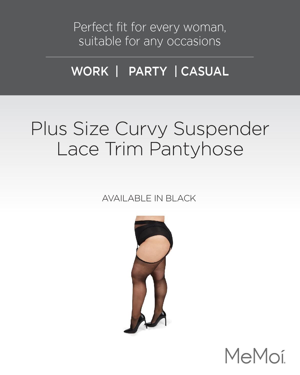 MeMoi Plus Size Curvy Suspender Lace Pantyhose, Control Top Pantyhose for Women, Lightweight Womens Stockings - Black 5X/6X