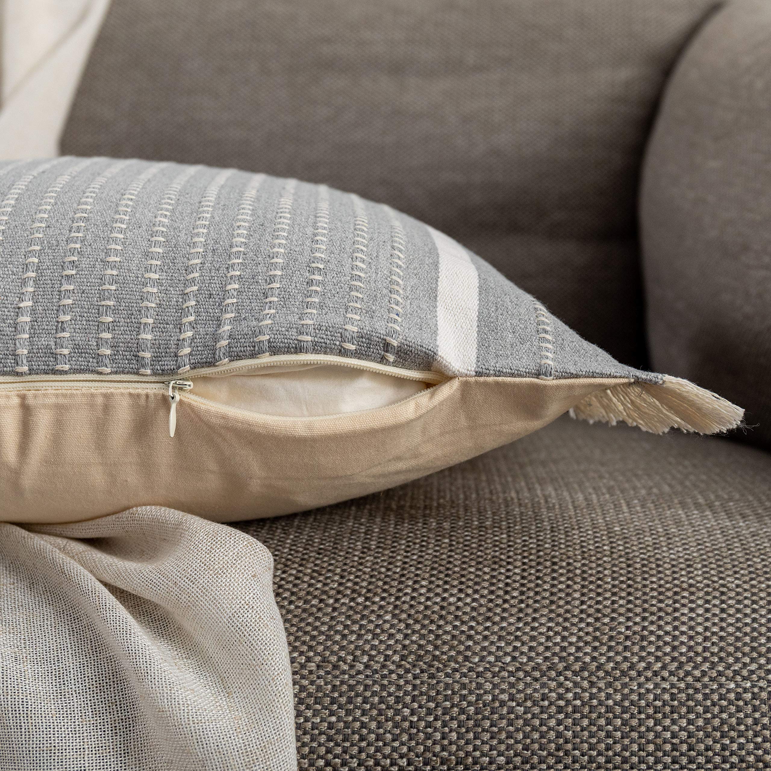 OJIA Modern Throw Pillow Cover with Tassels, Decorative Liana Fringe Accent Cushion Case, Farmhouse Woven Pillowcase for Sofa Chair Couch Bed Decor (Lumbar 12 x 20 Inches, Grey)