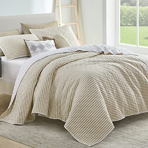 SHALALA King Size Quilt Sets,Kahki and White Striped Quilt Bedding Set,Soft Microfiber Bedspread and Coverlet with 2 Decorative Pillowsfor All Season (King,5pcs,106inches x 96inches)