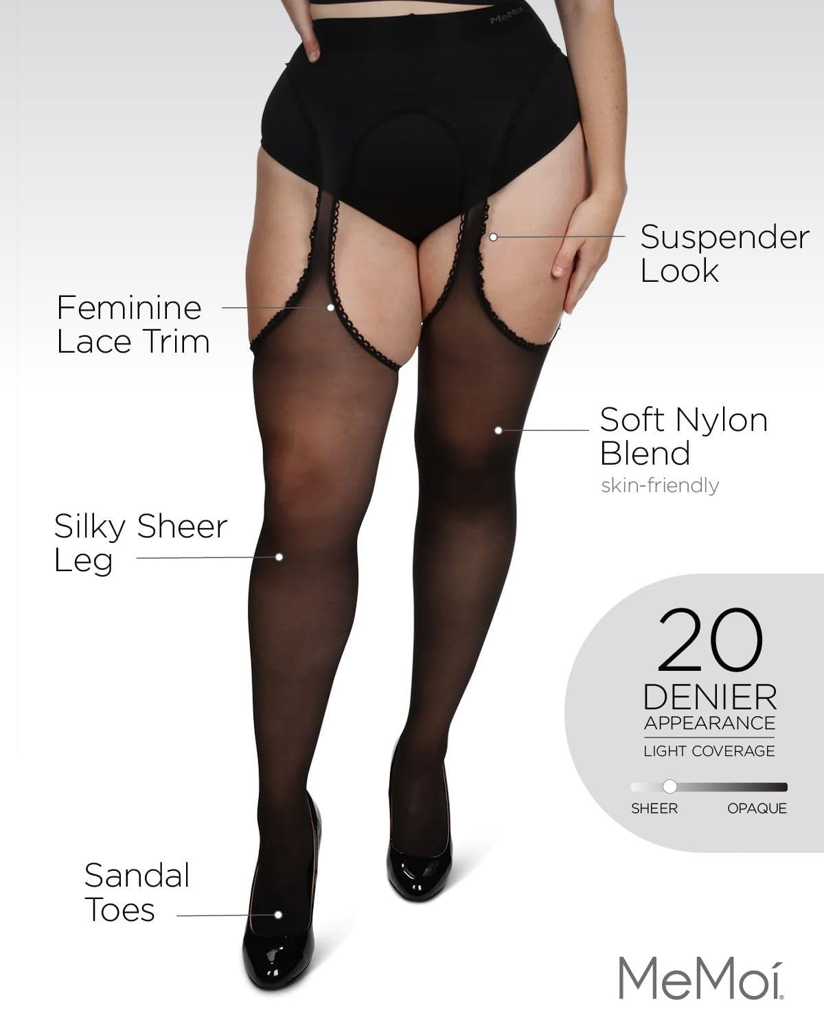 MeMoi Plus Size Curvy Suspender Lace Pantyhose, Control Top Pantyhose for Women, Lightweight Womens Stockings - Black 5X/6X