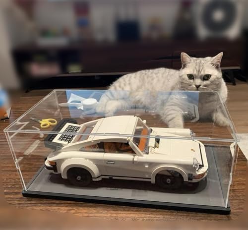 Thickened Clear Acrylic Display Case for Lego 42154 10295 42176 42170 75376 10317 Collectibles, Transparent Box Dustproof Protection with Wood-Plastic Base & String Light, Black Inside 15.7x7.9x7.9in