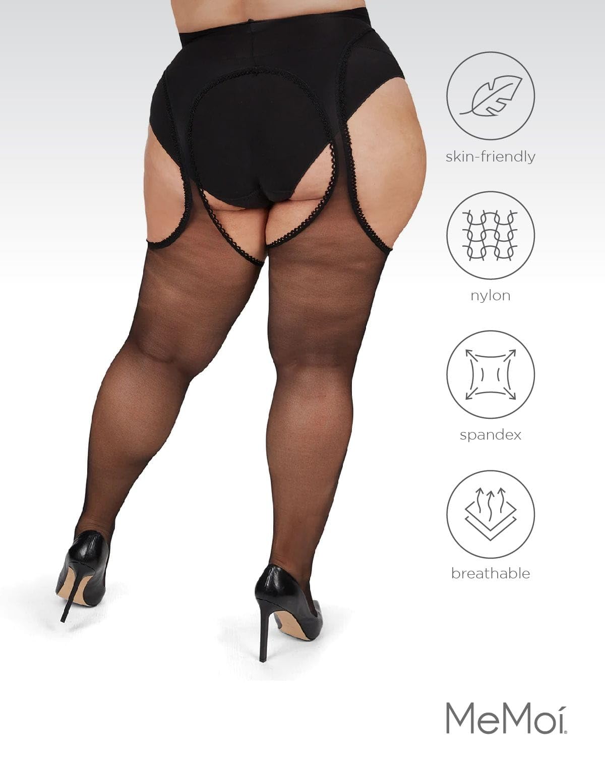 MeMoi Plus Size Curvy Suspender Lace Pantyhose, Control Top Pantyhose for Women, Lightweight Womens Stockings - Black 5X/6X