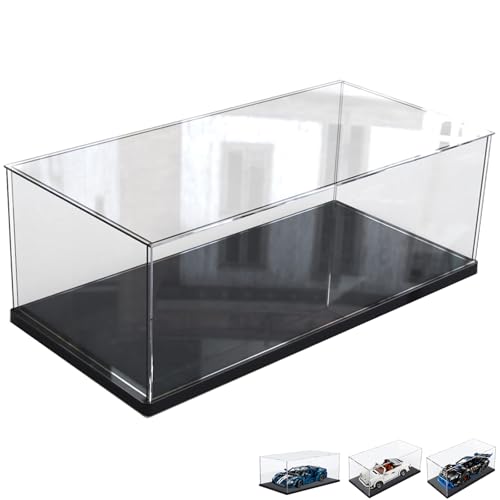 Thickened Clear Acrylic Display Case for Lego 42154 10295 42176 42170 75376 10317 Collectibles, Transparent Box Dustproof Protection with Wood-Plastic Base & String Light, Black Inside 15.7x7.9x7.9in