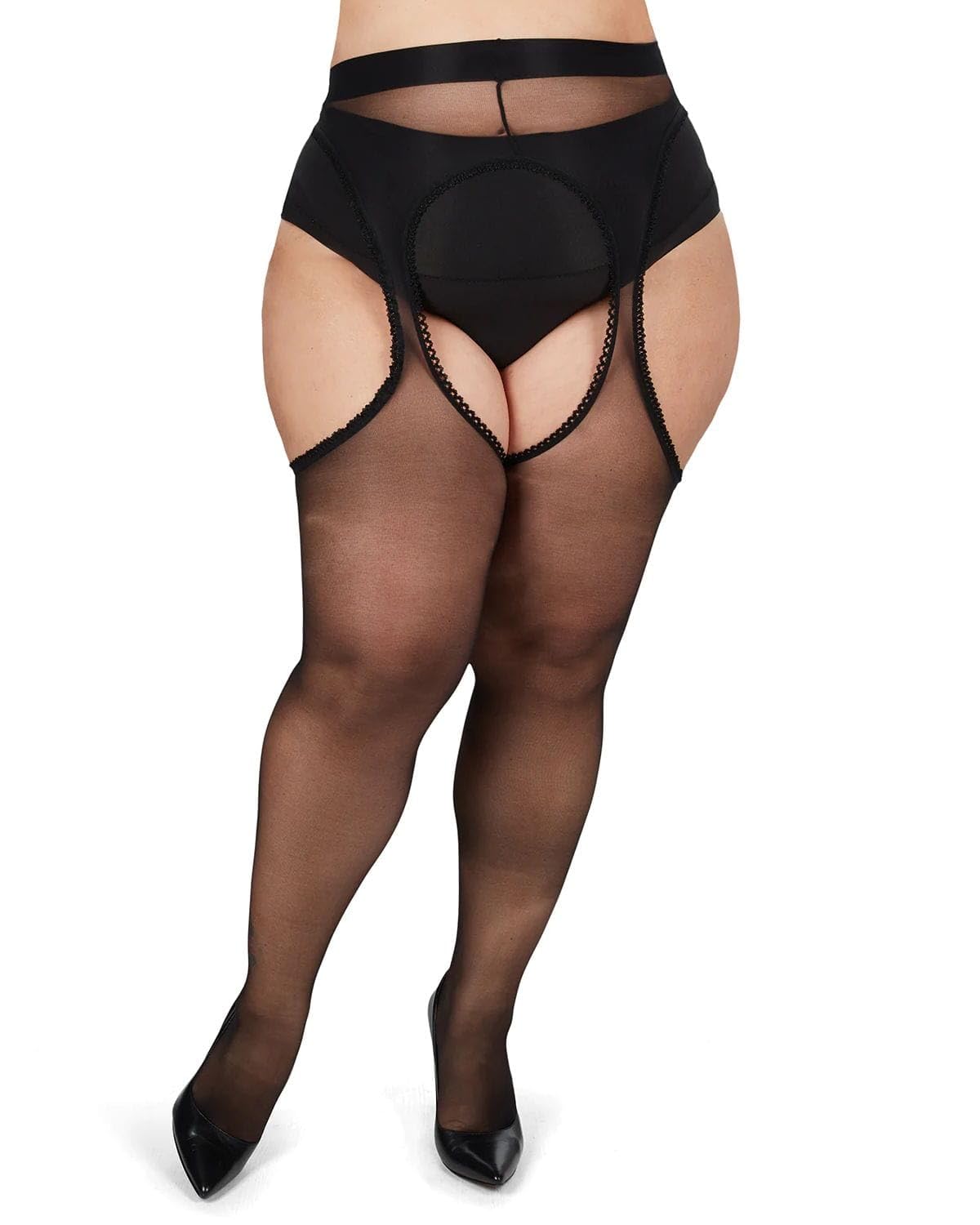 MeMoi Plus Size Curvy Suspender Lace Pantyhose, Control Top Pantyhose for Women, Lightweight Womens Stockings - Black 5X/6X