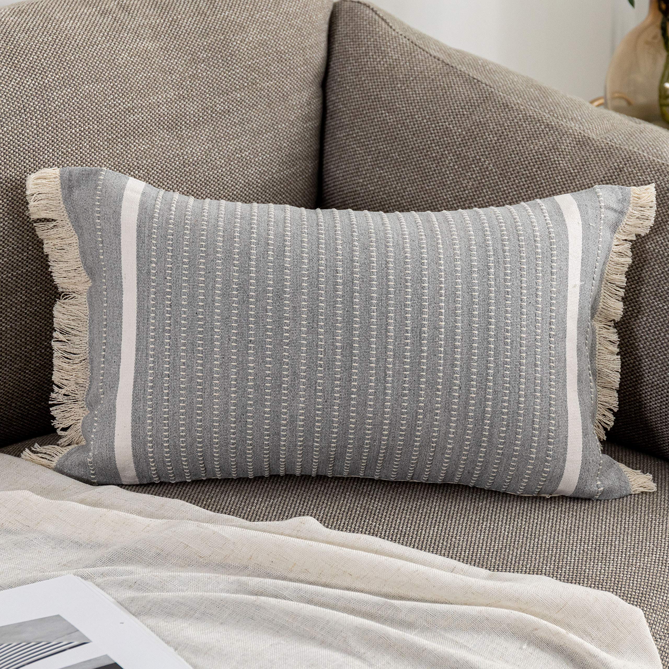 OJIA Modern Throw Pillow Cover with Tassels, Decorative Liana Fringe Accent Cushion Case, Farmhouse Woven Pillowcase for Sofa Chair Couch Bed Decor (Lumbar 12 x 20 Inches, Grey)