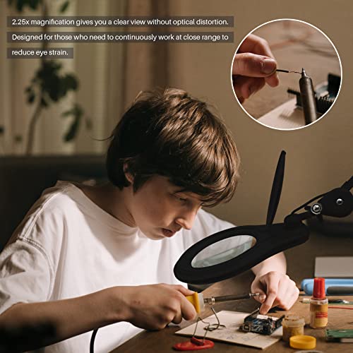 Bemelux LED Magnifying Lamp with Clamp, 5 Inch Magnifier Glass Lens, Metal Swing Arm Dimming 1200 Lumens Lighted Magnifying Desk Lamp for Crafts, Bright 60PCS LEDs - 2.25X Magnification(Black)