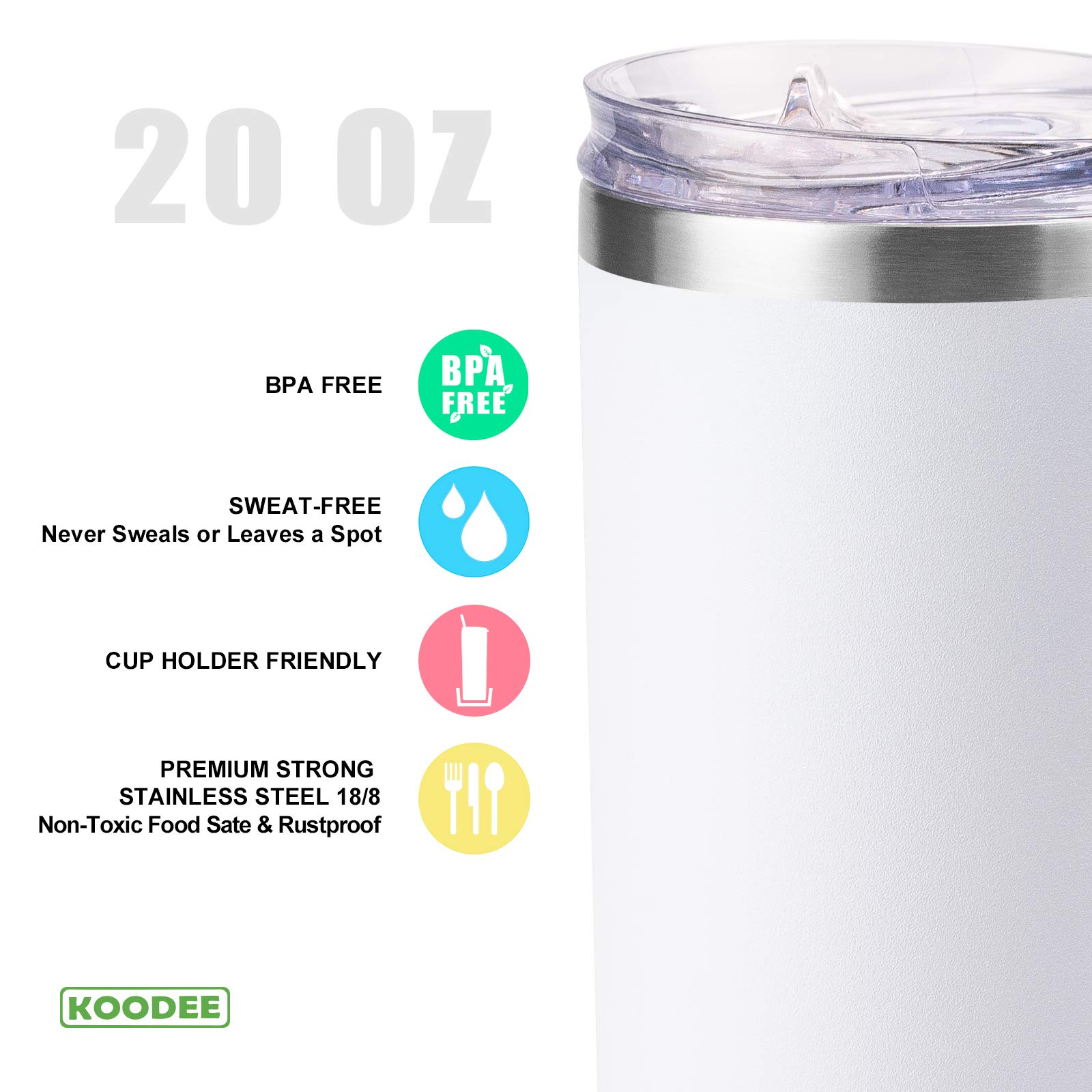 koodee 20 oz Skinny Tumblers (4 Pack) Stainless Steel Insulated Tumbler with Lids, Straws and Straw Brushes(Teal/Pink/Black/White)