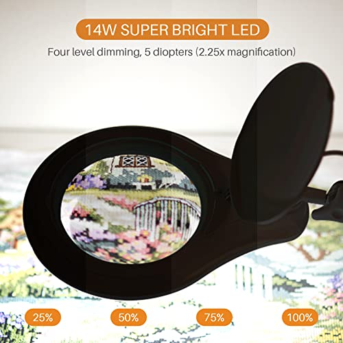 Bemelux LED Magnifying Lamp with Clamp, 5 Inch Magnifier Glass Lens, Metal Swing Arm Dimming 1200 Lumens Lighted Magnifying Desk Lamp for Crafts, Bright 60PCS LEDs - 2.25X Magnification(Black)