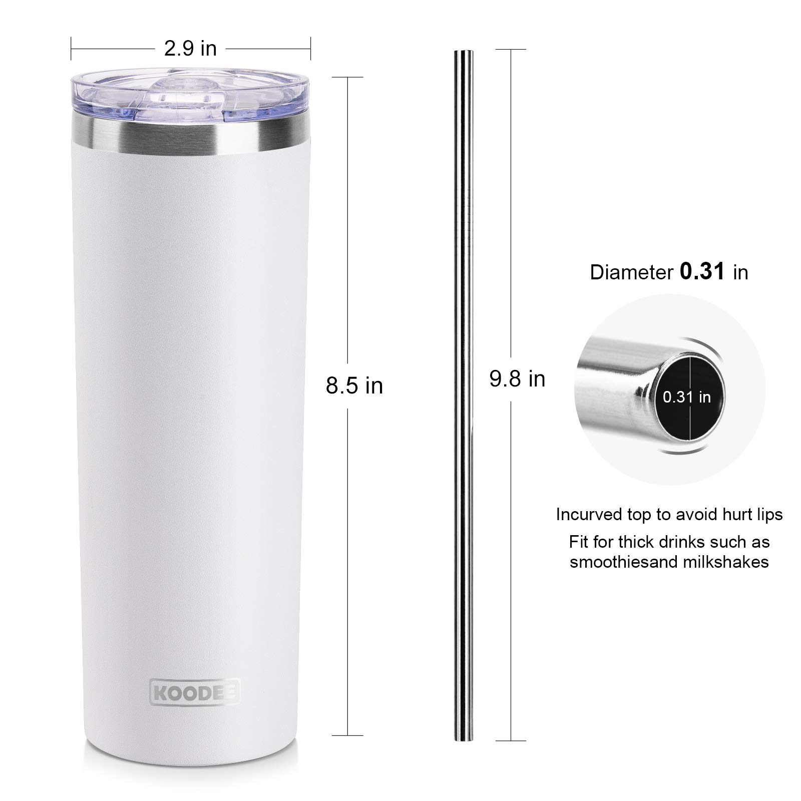 koodee 20 oz Skinny Tumblers (4 Pack) Stainless Steel Insulated Tumbler with Lids, Straws and Straw Brushes(Teal/Pink/Black/White)