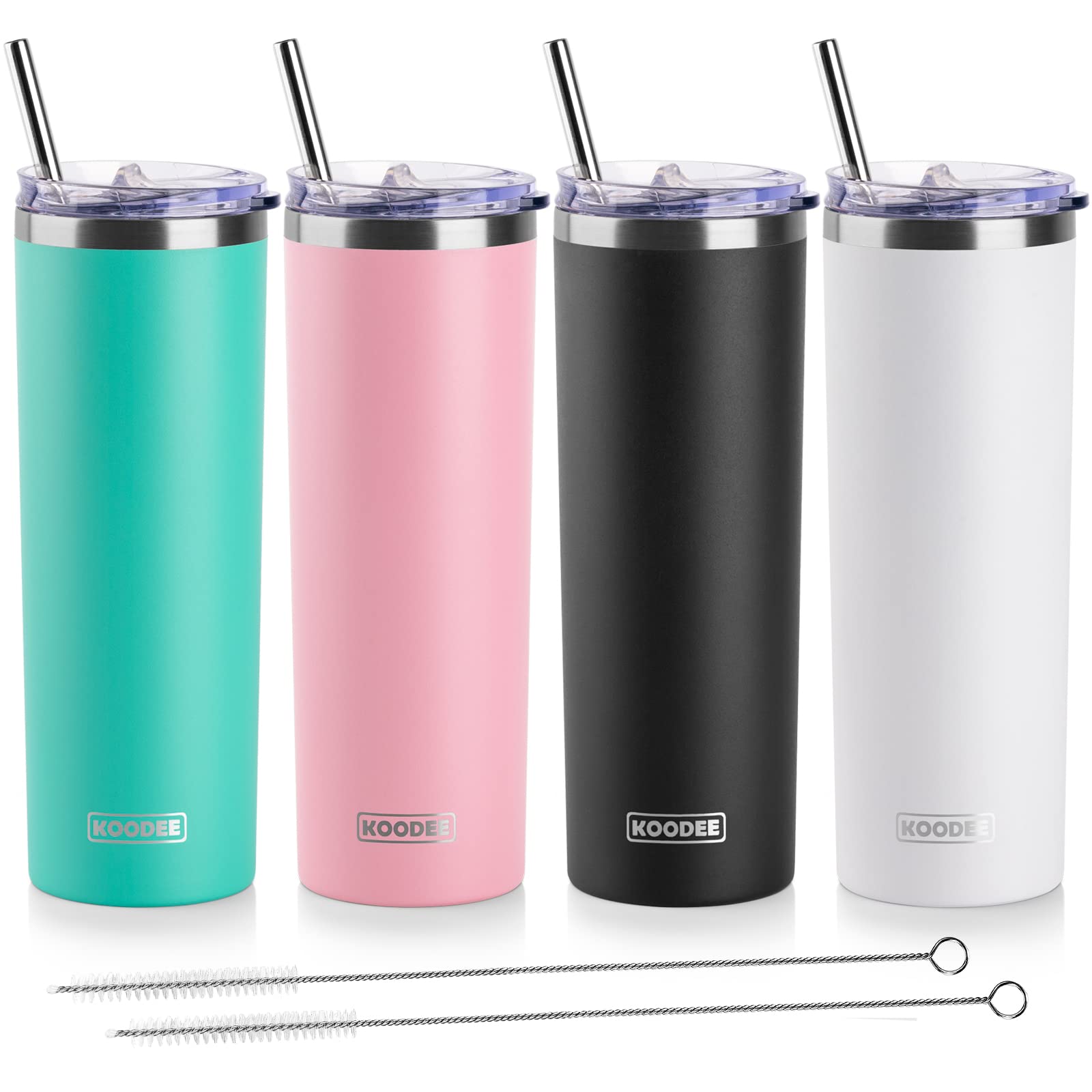 koodee 20 oz Skinny Tumblers (4 Pack) Stainless Steel Insulated Tumbler with Lids, Straws and Straw Brushes（Teal/Pink/Black/White）