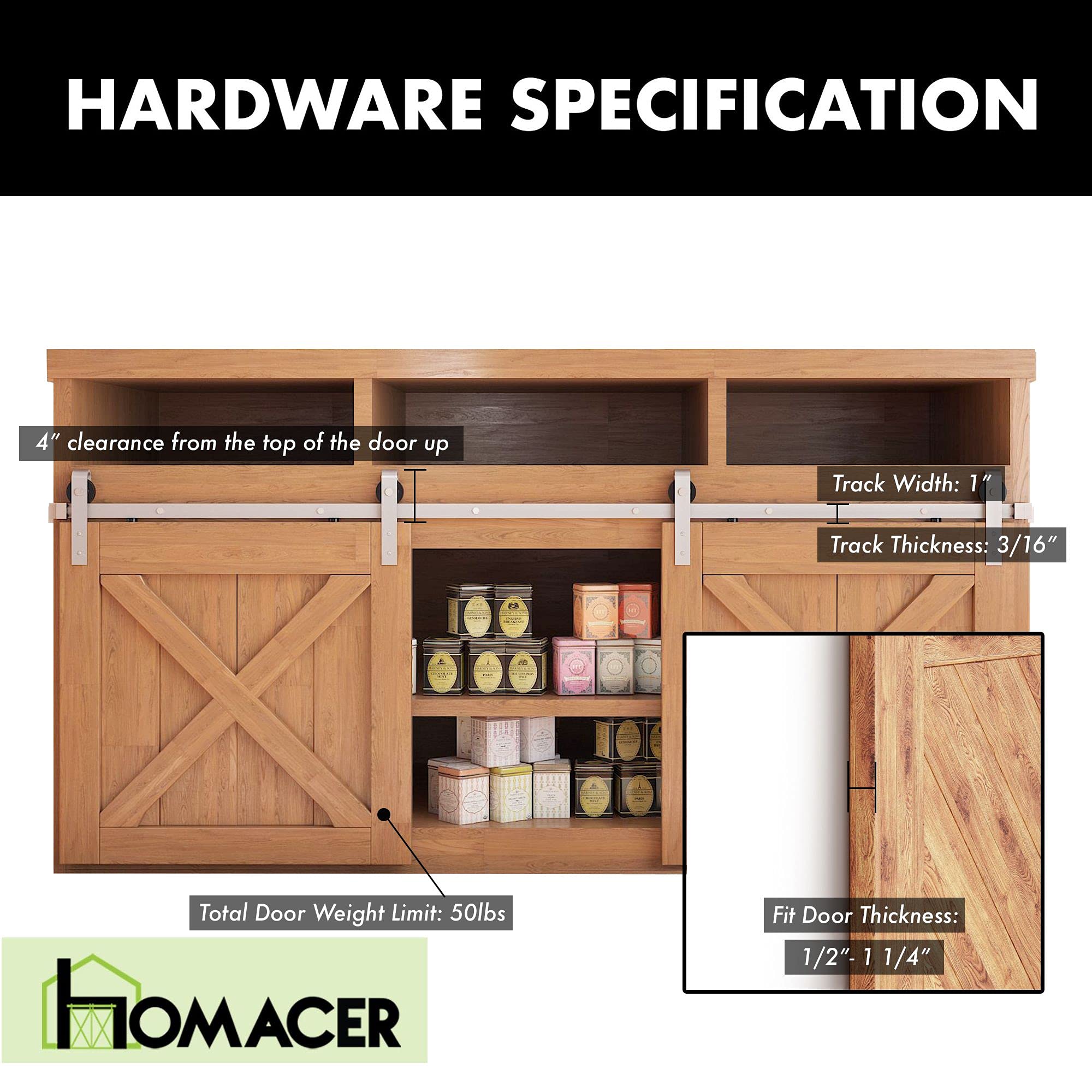 Homacer Mini Brushed Nickel Non-Bypass Sliding Barn Door Hardware Kit, for Two/Double Doors, 60-inch Long Flat Track, Classic Design Roller, Cabinet TV Stand Console Use…