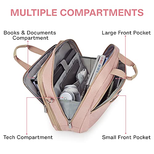 BAGSMART 17.3 Inch Laptop Bag, Large Expandable Briefcase for Women Business Office Travel Computer Bag Shoulder Bag Water Resistant Anti Theft Durable,Pink