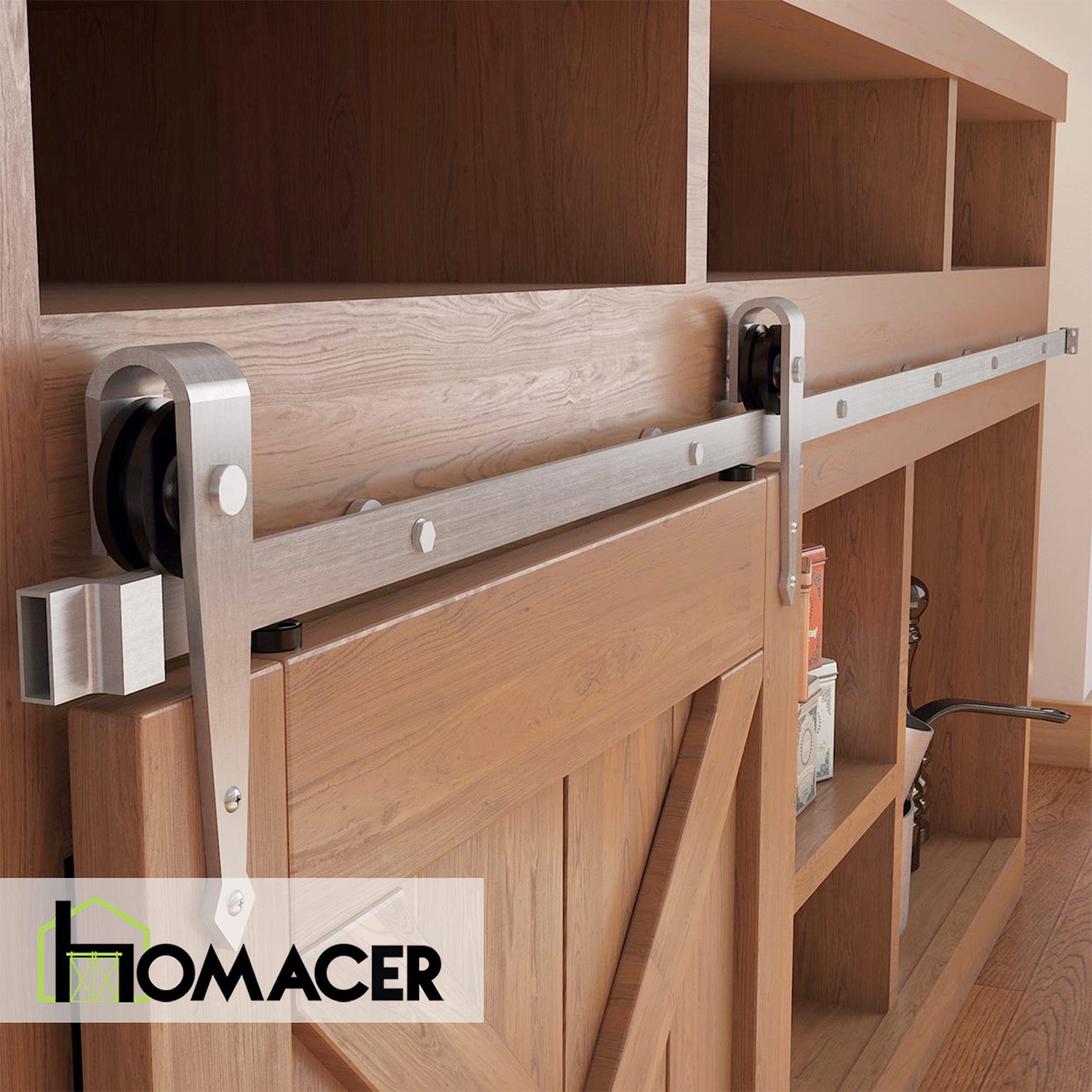 Homacer Mini Brushed Nickel Non-Bypass Sliding Barn Door Hardware Kit, for One/Single Door, 36-inch Long Flat Track, Arrow Design Roller, Cabinet TV Stand Console Use…