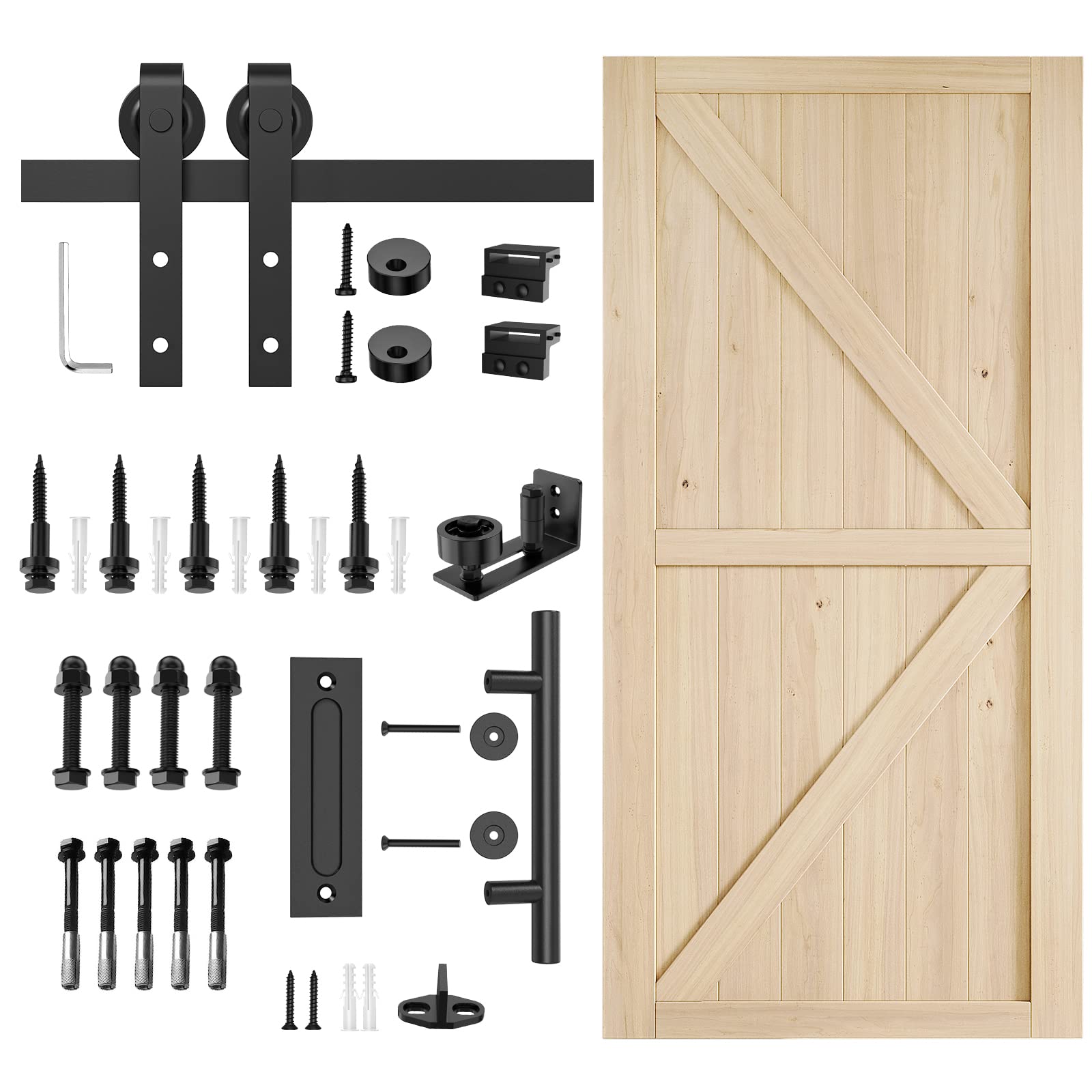 HomLxclx 42in x 84in Barn Door with 8ft Sliding Barn Door Hardware Kit & 12inch Handles & Floor Guide, DIY Unfinished Solid Wood Barn Door Slab, Natural Pine Wood, Pre-Drilled for Install, K-Frame