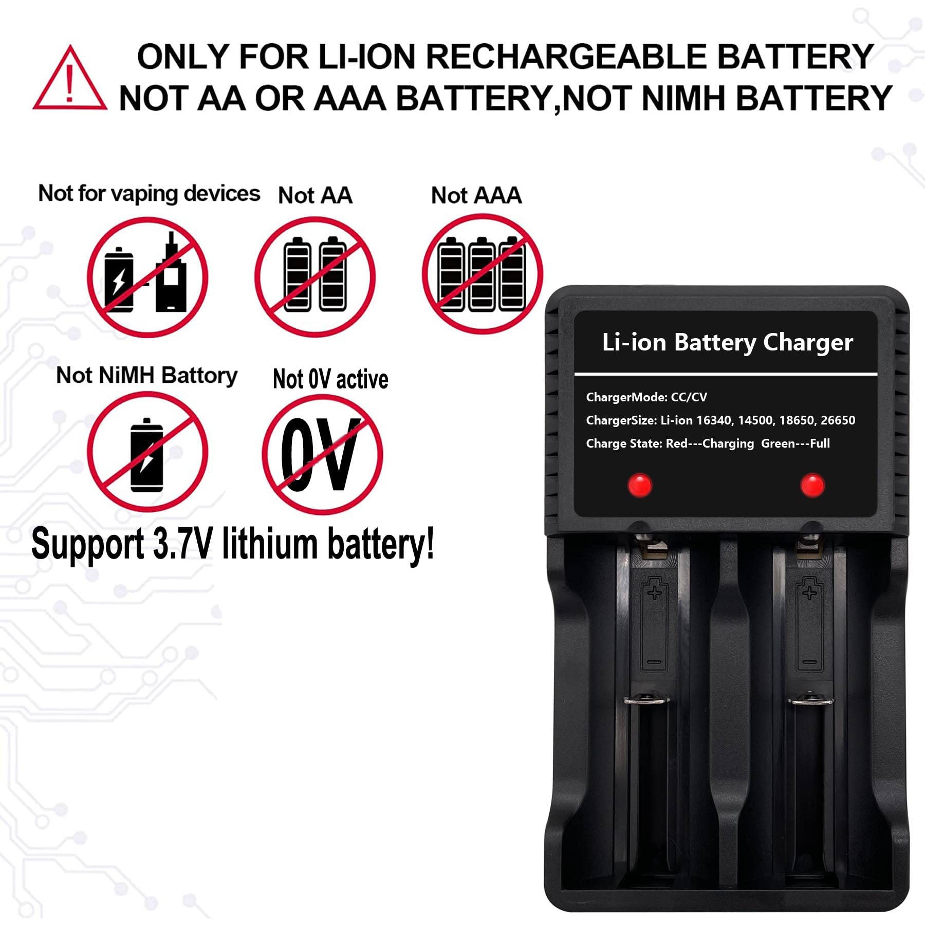 26650 Battery Charger 2-Bay Fast Charging for 18650 26650 14500 3.7 4.2V Rechargeable Lithium Batteries - Not Battery
