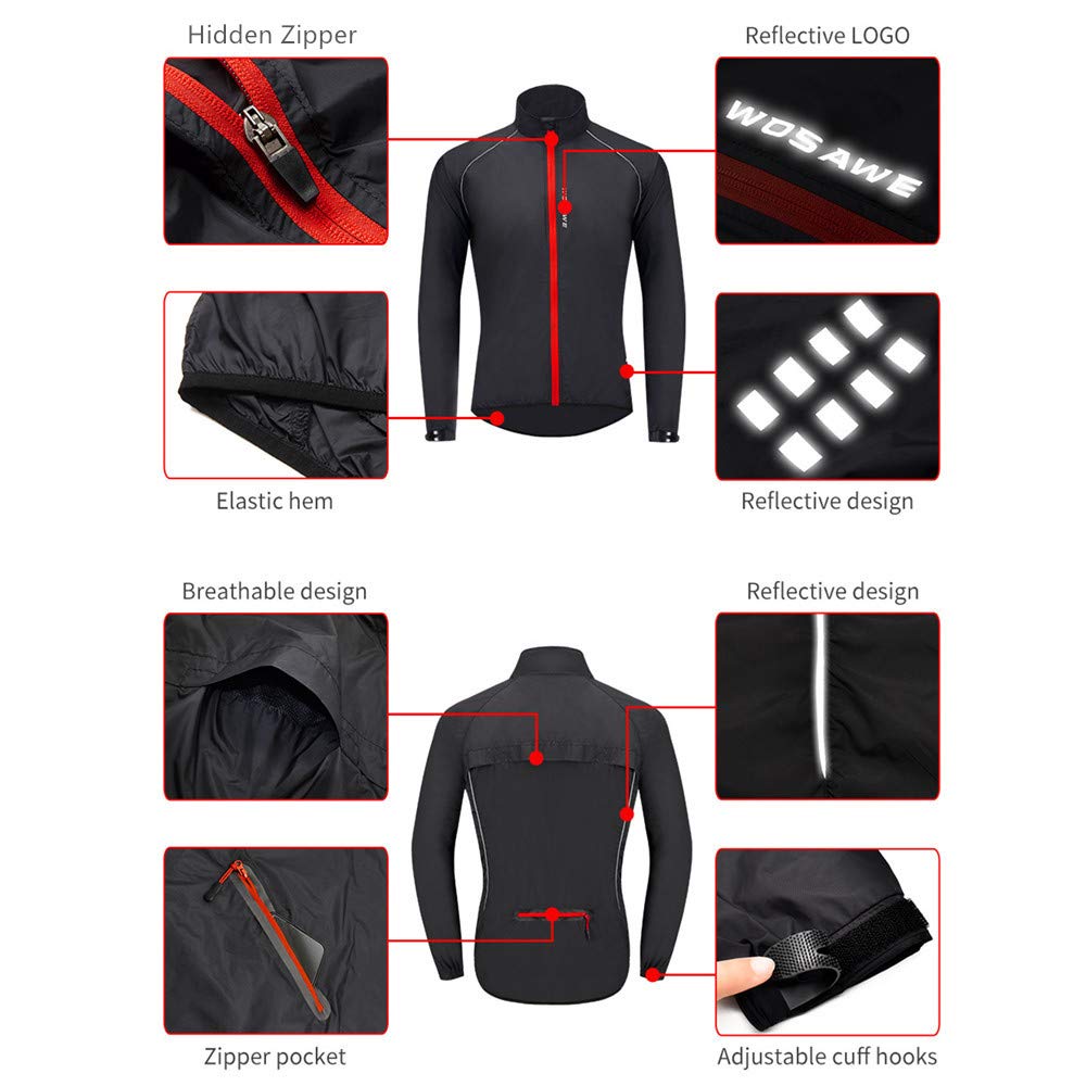 WOSAWE Men's Cycling Wind Jacket Reflective Ultralight Windbreaker Red XXL