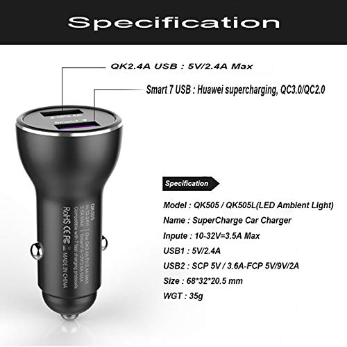 for Huawei Supercharge Car Charger, 9V/2A Car Charger Adapter Quick Fast Charger with USB Type C Super Charging Cable Car Charger for Huawei P40 P30 P20 Pro,Mate 30 20 10 9 (Black)