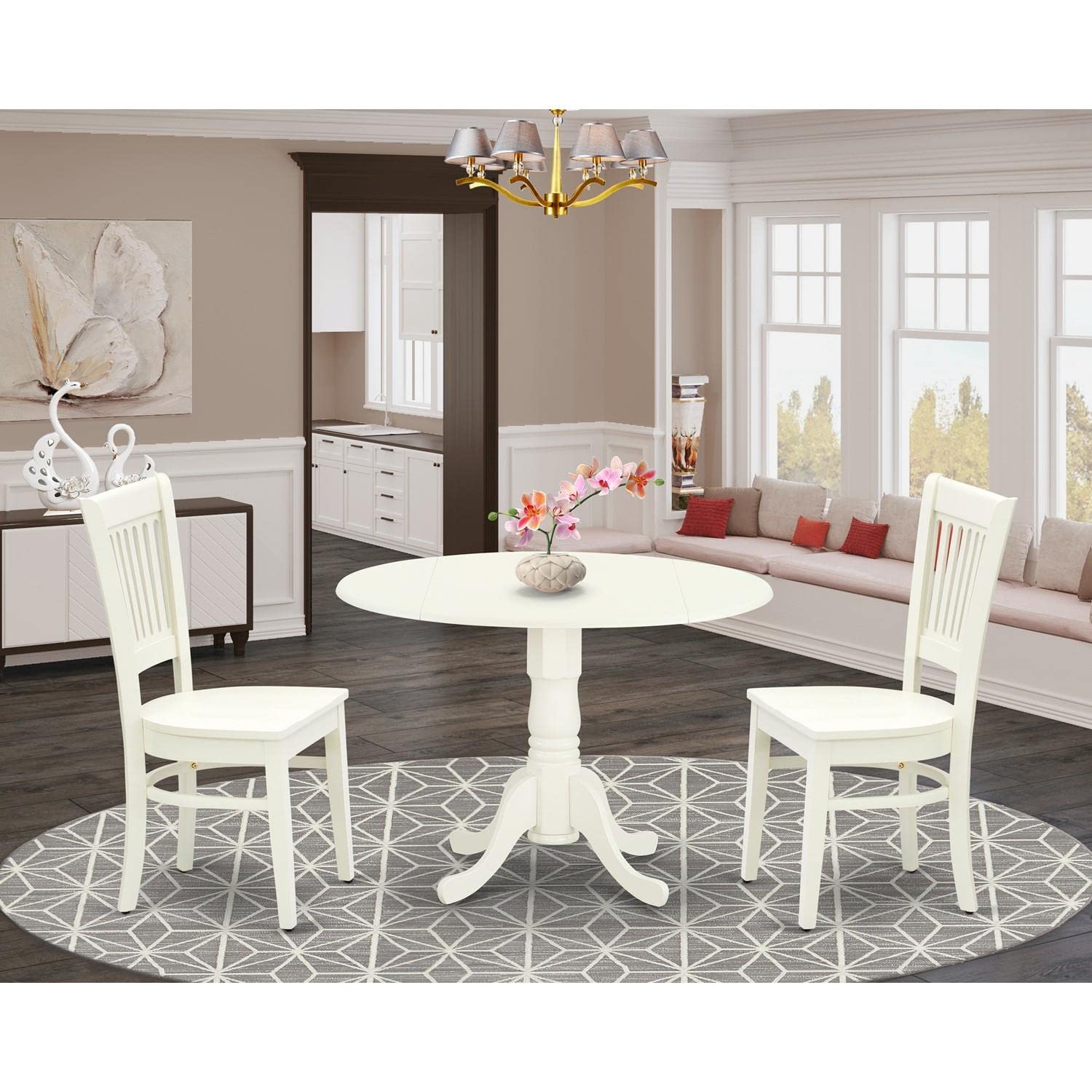 East West Furniture DLVA3-LWH-W 3 Piece Modern Dining Table Set Contains a Round Wooden Table with Dropleaf and 2 Dining Room Chairs, 42x42 Inch, Linen White
