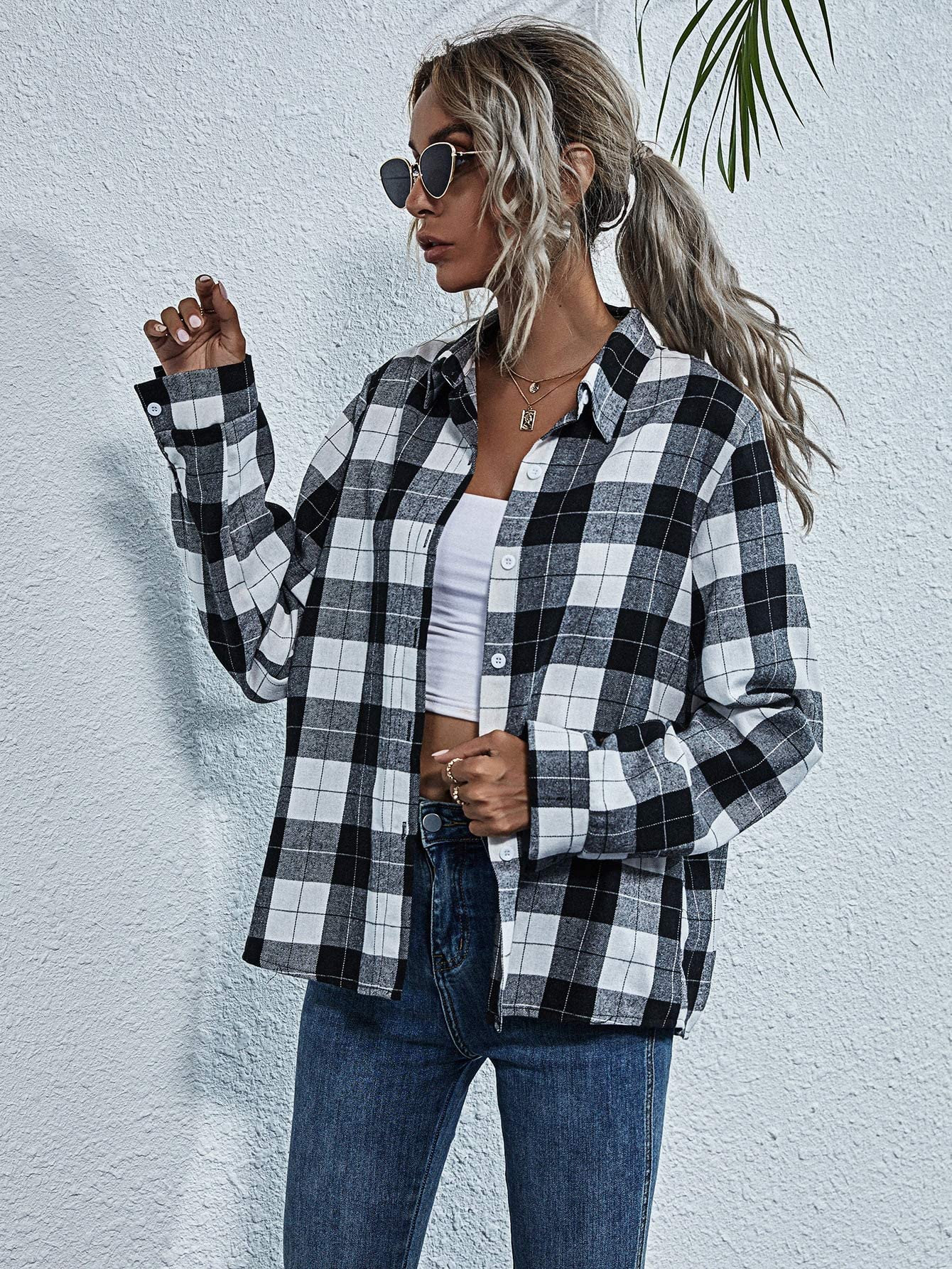Floerns Women's Casual Long Sleeve Button Down Plaid Shirt Blouse Top Black and White M
