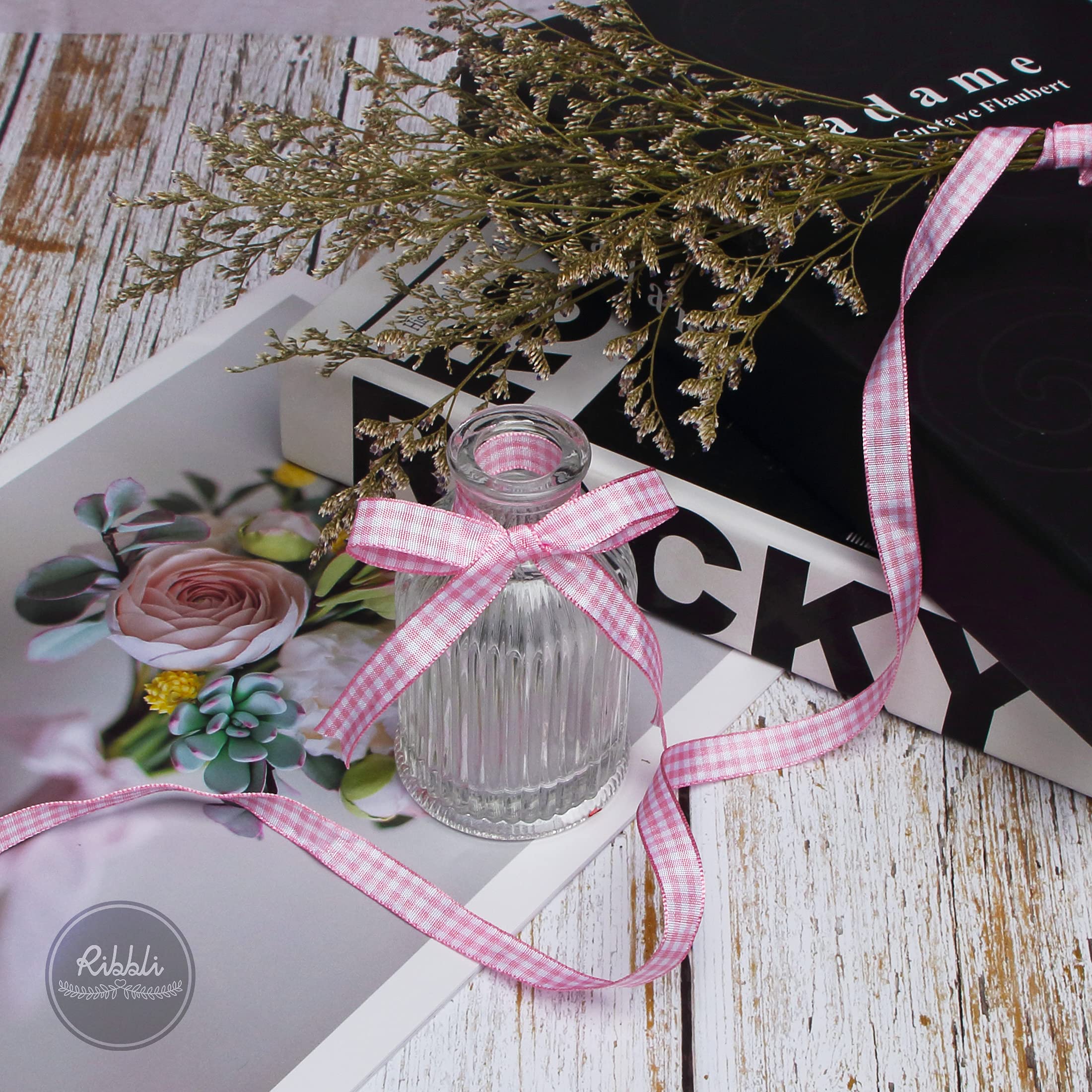 Ribbli Light Pink and White Gingham Ribbon,100% Polyester Woven Edge,3/8 Inch x 10 Yard,Plaid Ribbon Use for Baby Shower,Gift Wrapping,Party Decoration