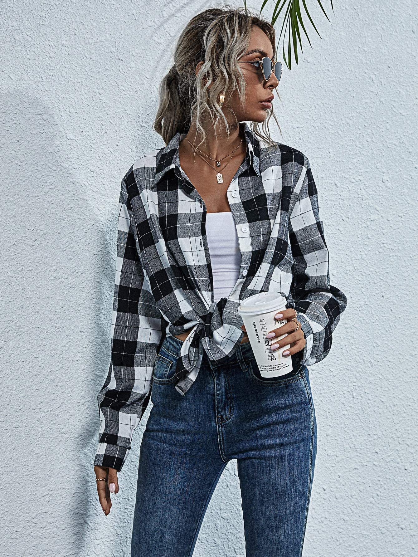 Floerns Women's Casual Long Sleeve Button Down Plaid Shirt Blouse Top Black and White M