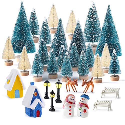 PLULON 33Pcs Mini Christmas Village Accessories, Christmas Trees Bottle Brush Trees with Miniature Christmas Ornaments Snowman, Mini Garden Street Lamps, Deer for Winter Holiday Village Decorations