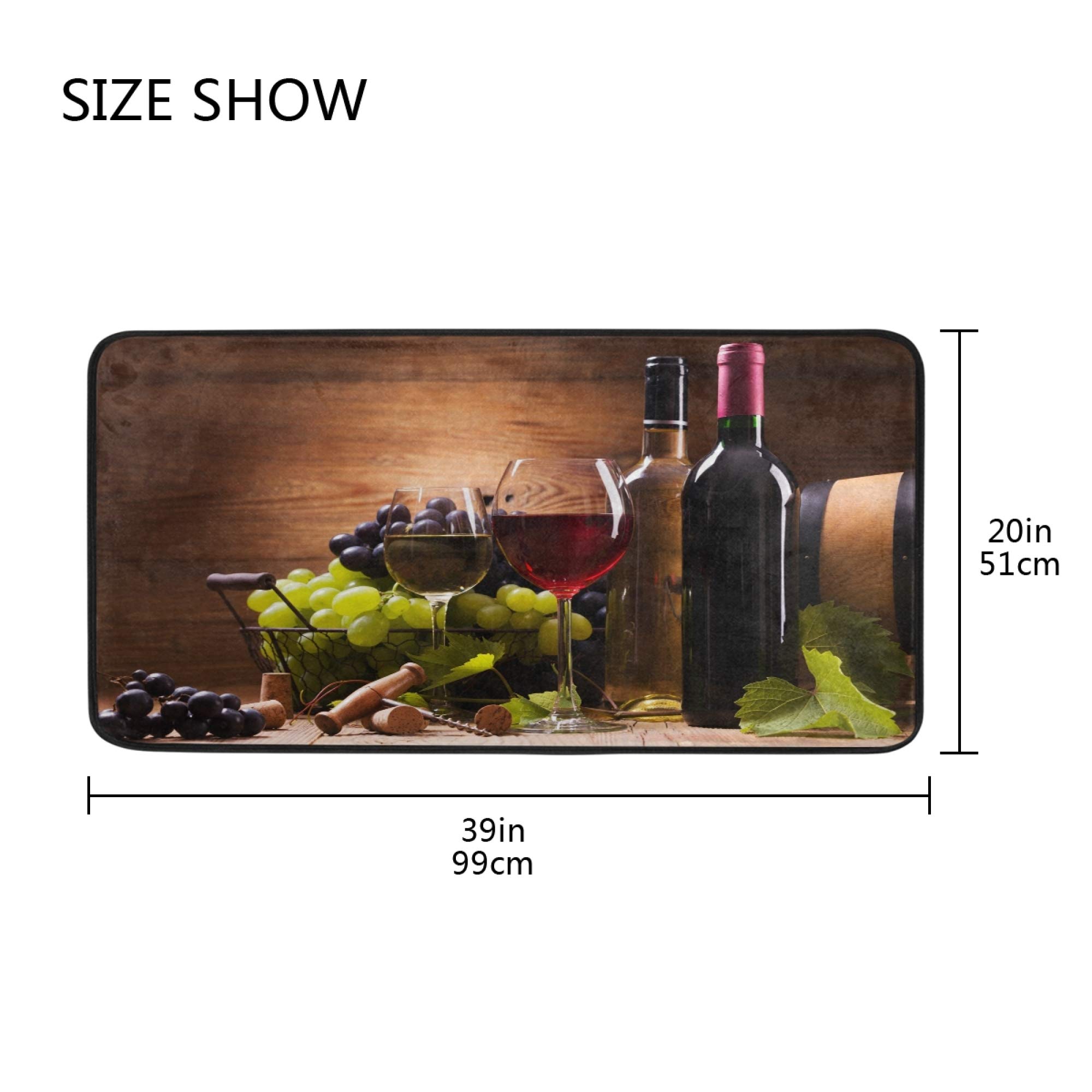 Glasses of Red and White Wine Kitchen Rugs Grapes Wooden Bath Rug Runner Comfort Mat Non-Slip Doormats Carpet for Bathroom Indoor 39" X 20"
