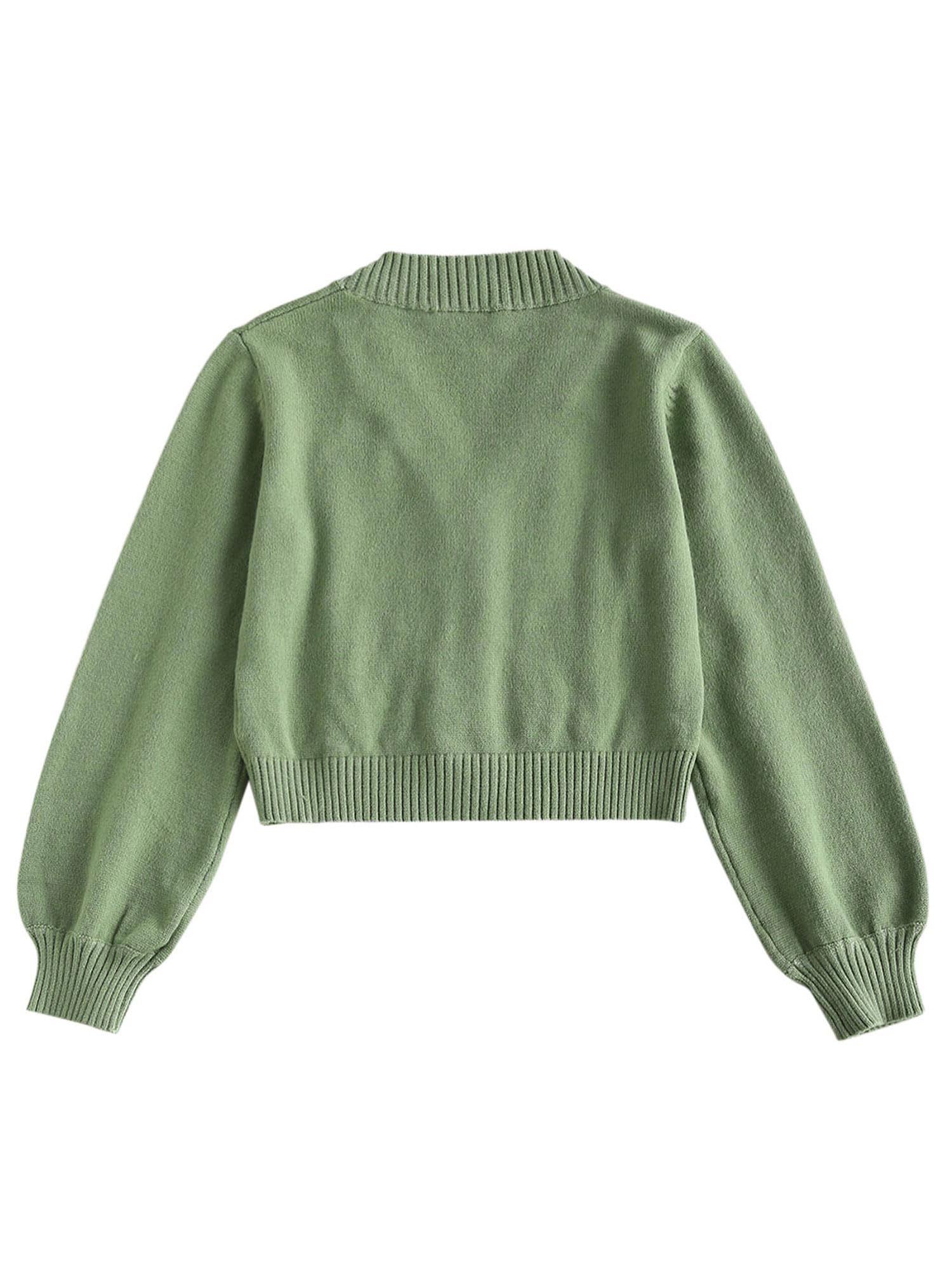 ZAFUL Women's Button Up Embroidered Cable Knit Cardigan V Neck Long Sleeve Cropped Sweater (3-Light Green)