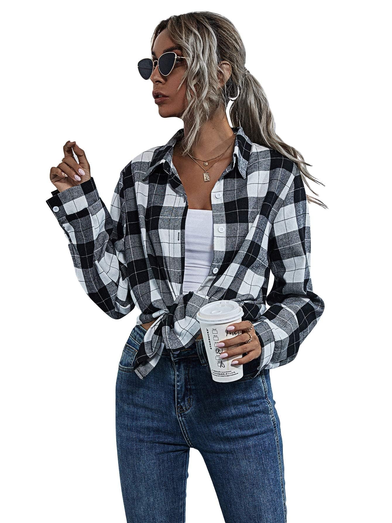 Floerns Women's Casual Long Sleeve Button Down Plaid Shirt Blouse Top Black and White M