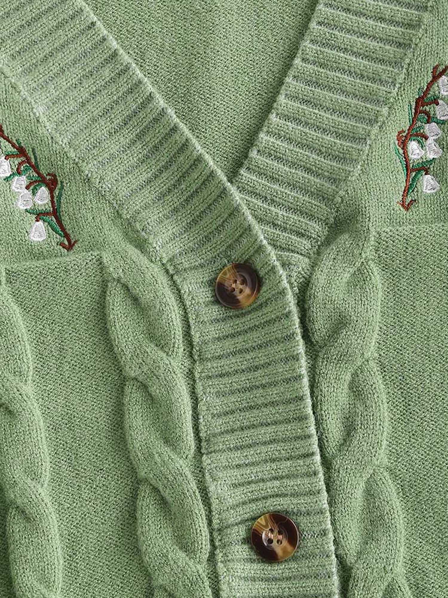 ZAFUL Women's Button Up Embroidered Cable Knit Cardigan V Neck Long Sleeve Cropped Sweater (3-Light Green)