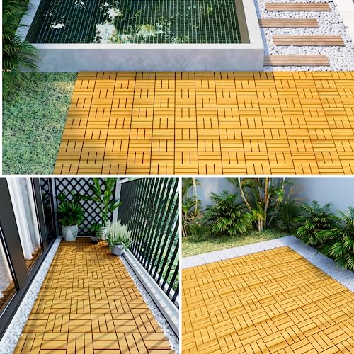 BEEFURNI Teak Interlocking Deck Tiles (10PCS 12"x 12"), Hardwood Outdoor All Weather, Wood Tile for Balcony, Backyard, Hot Tub Decor, 1-Year Warranty