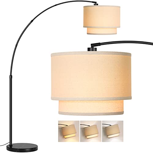 Arc Floor Lamps for Living Room, Contemporary Height Adjustable Standing Tall Lamp with Marble Base and Unique Double Drum Fabric Shade 3 Color Temperatures Over Couches Lamp for Bedroom Office