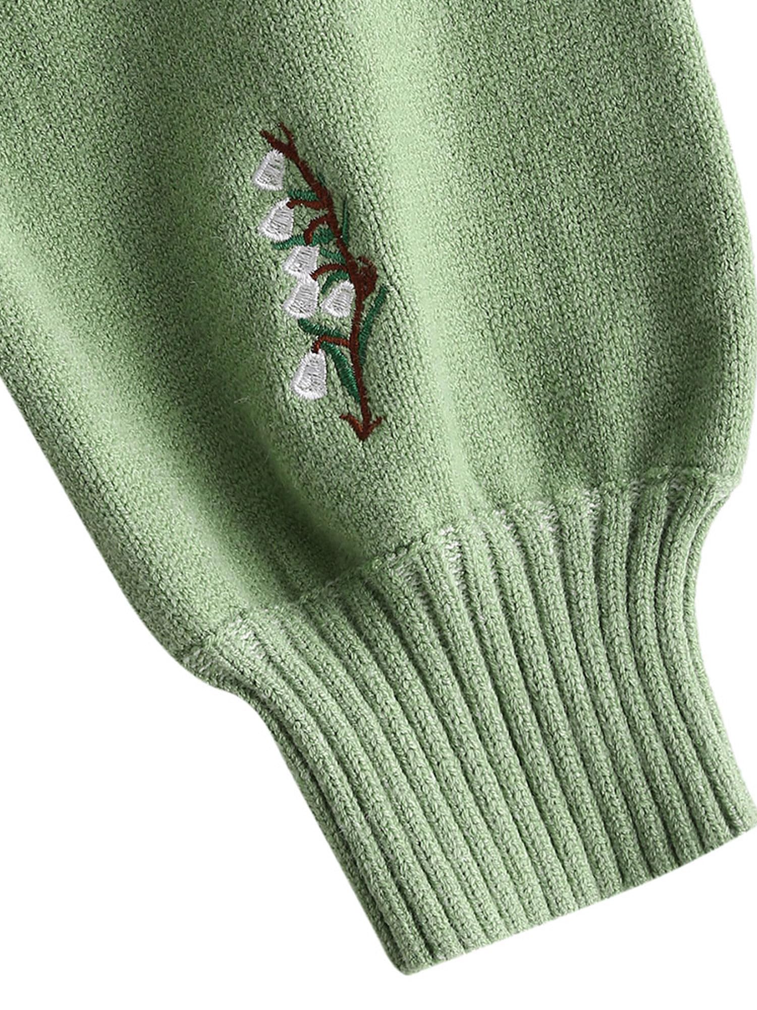 ZAFUL Women's Button Up Embroidered Cable Knit Cardigan V Neck Long Sleeve Cropped Sweater (3-Light Green)