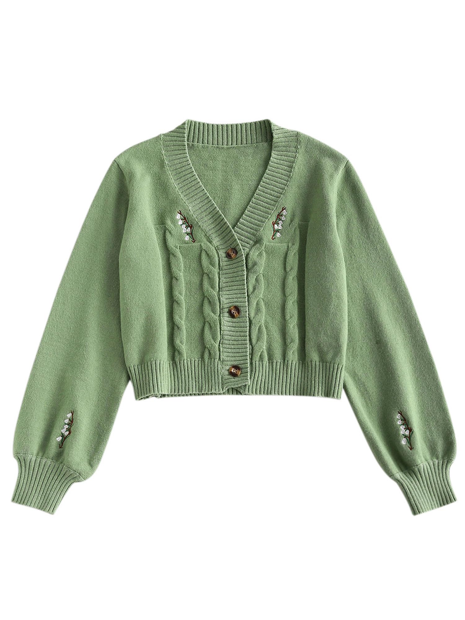 ZAFUL Women's Button Up Embroidered Cable Knit Cardigan V Neck Long Sleeve Cropped Sweater (3-Light Green)
